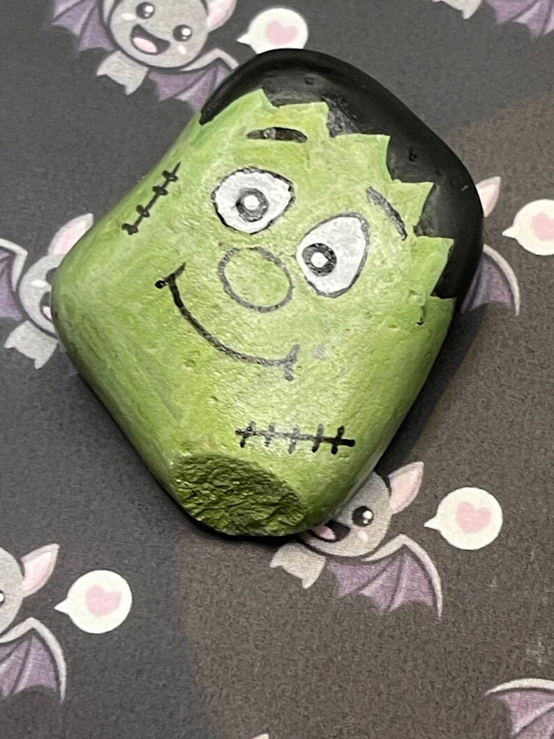 Hand Painted Rock, Happy Cartoon Face Frankenstein, Halloween Art ...