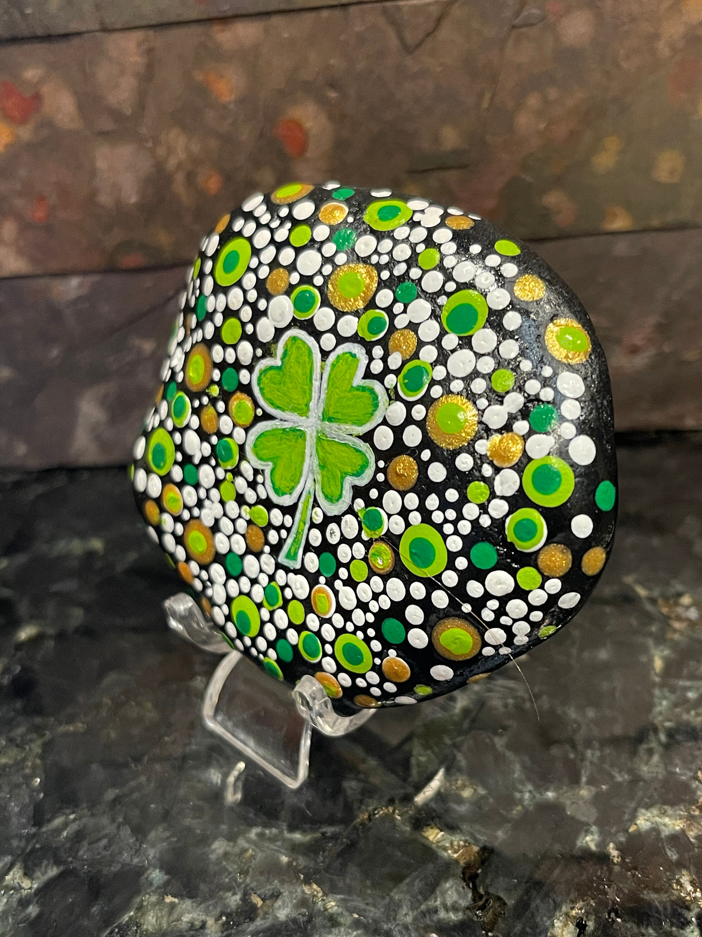 Green Gold and White Dot Art With Four Leaf Clover, St. Patrick's Day ...