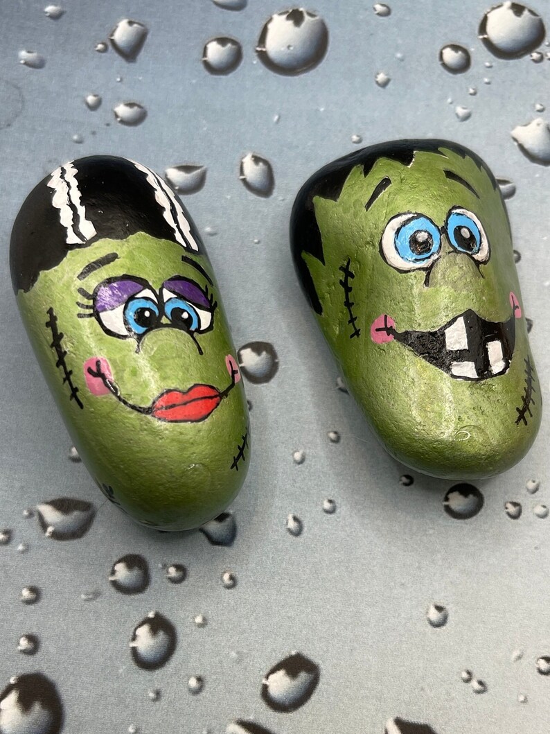 Whimsical Frankenstein and Bride Pair Hand Painted Rocks, Halloween ...