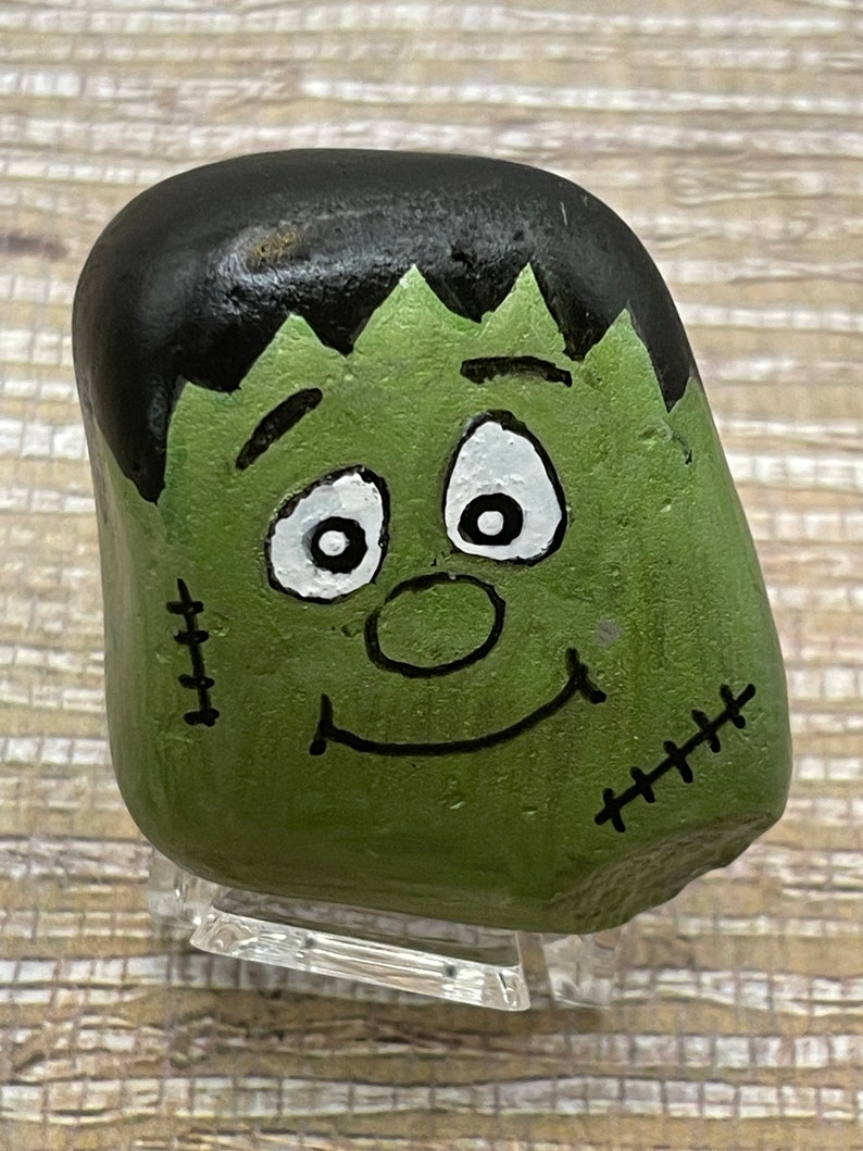 Hand Painted Rock, Happy Cartoon Face Frankenstein, Halloween Art ...