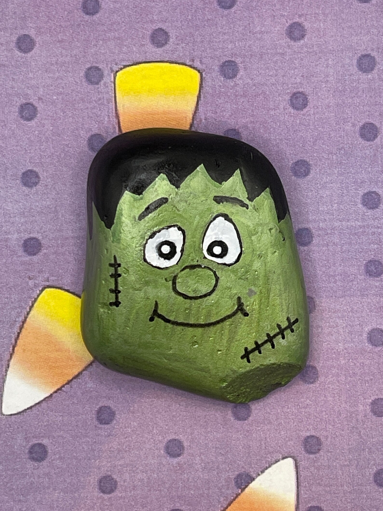 Hand Painted Rock, Happy Cartoon Face Frankenstein, Halloween Art ...
