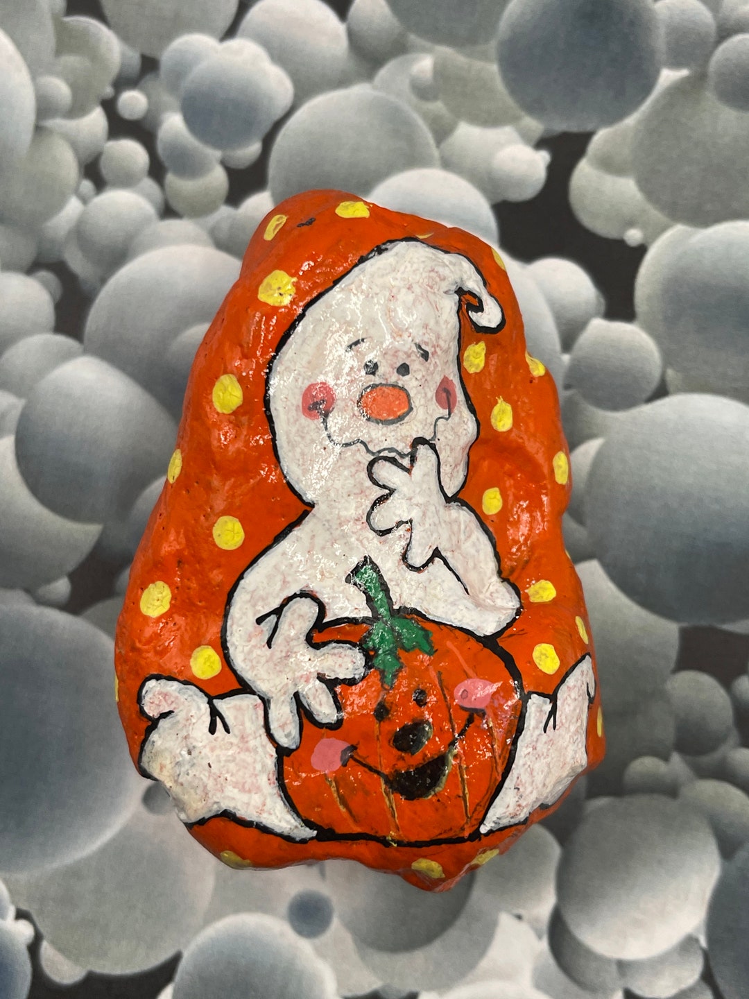 Whimsical Ghost With Pumpkin, Halloween Pebble Art, Hand Painted Rock ...