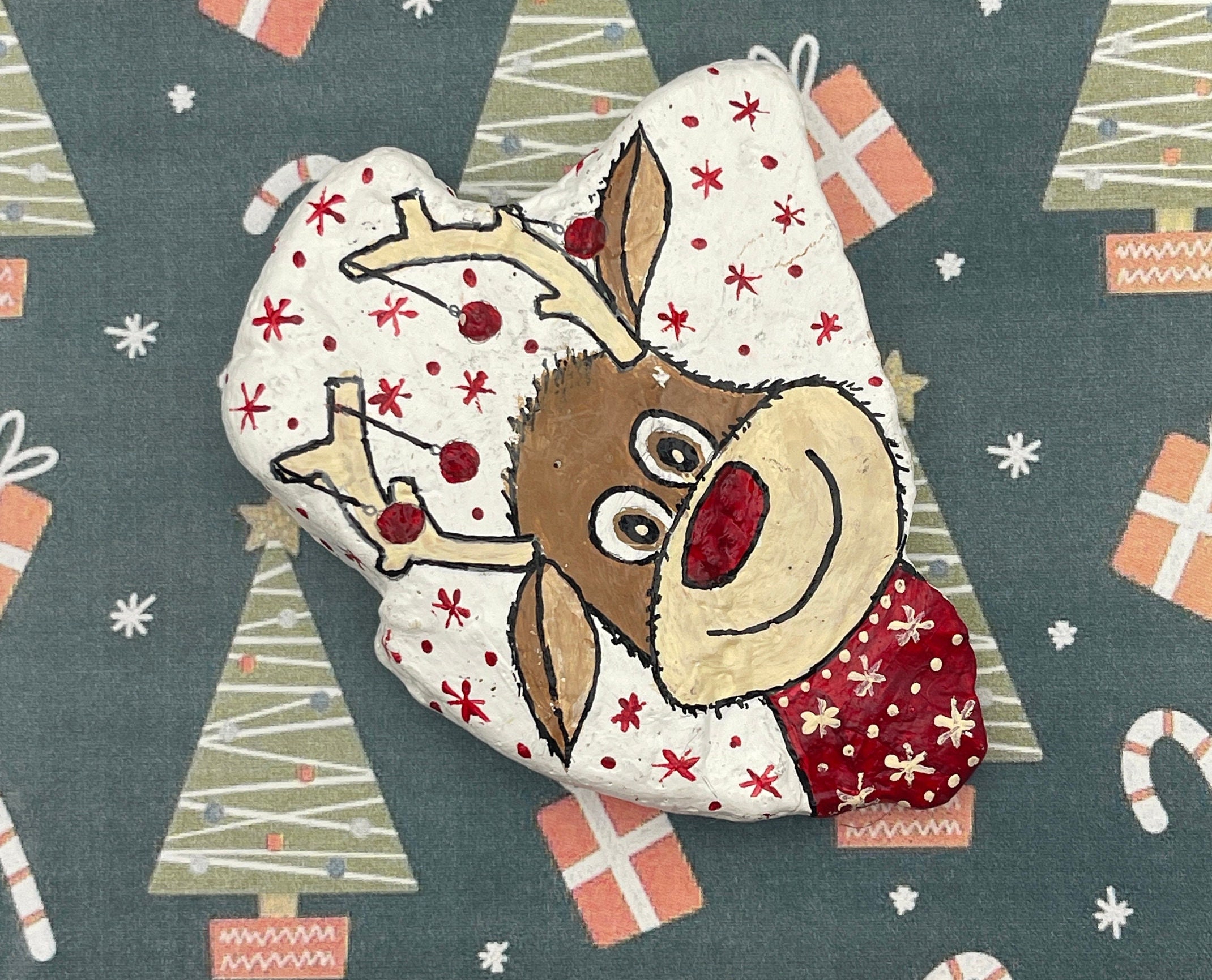 Christmas Reindeer Rudolph, Painted Rock, Holiday Winter Decor, Stone ...
