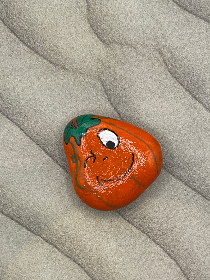 Whimsical Winking Orange Pumpkin, Hand Painted Rock, Fall Art ...