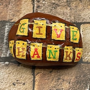 Give Thanks Banner, Thanksgiving Fall Decor, Hand Painted Rock, Stone ...