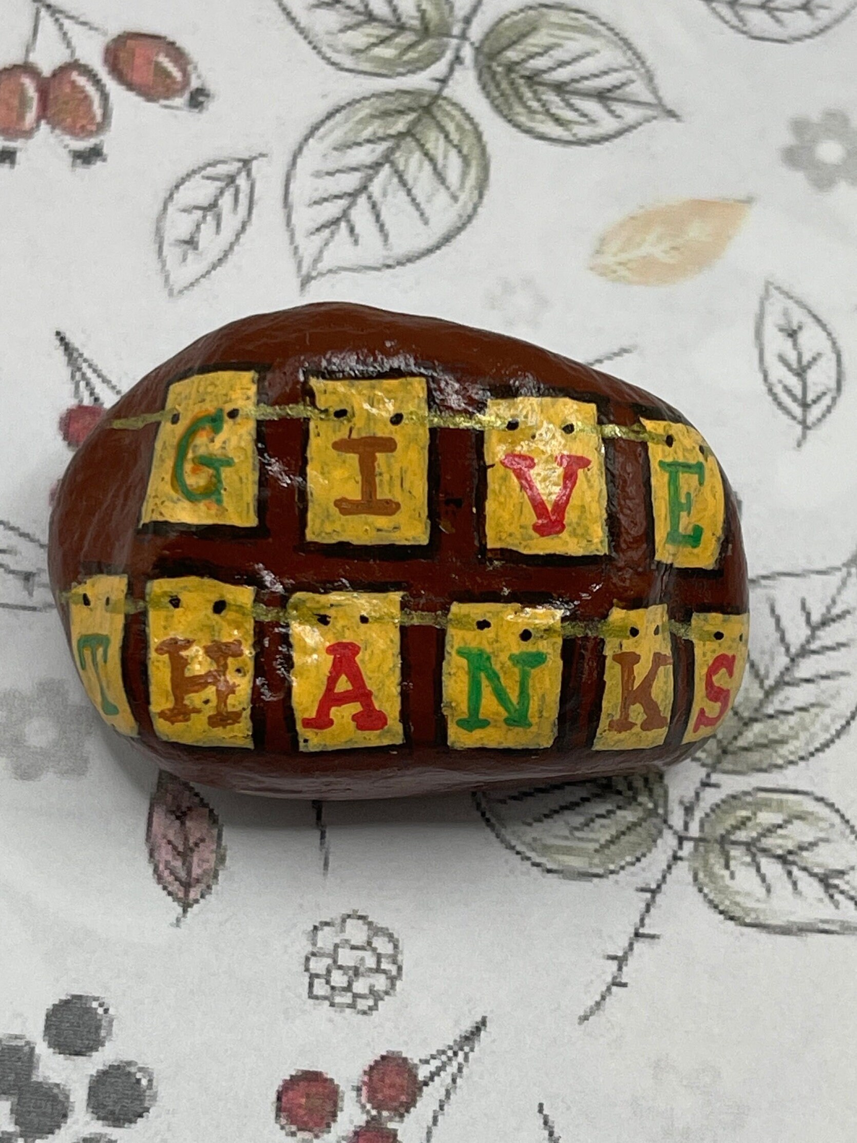 Give Thanks Banner, Thanksgiving Fall Decor, Hand Painted Rock, Stone ...