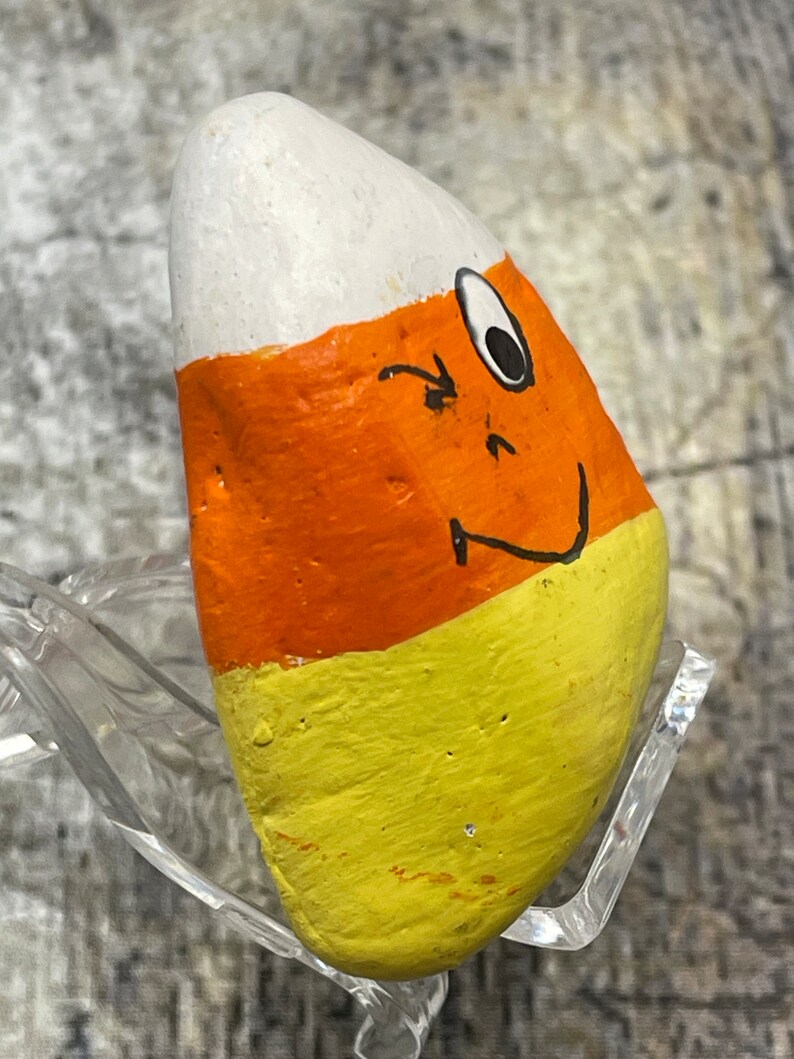 Cartoon Face Winking Candy Corn, Hand Painted Rock, Fall Art, Halloween ...