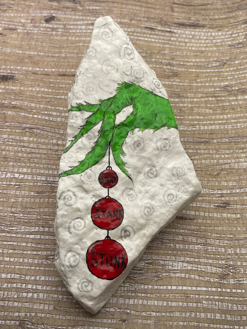 Stink Stank Stunk Christmas Grinch Hand, Holiday Stone Art, Painted ...