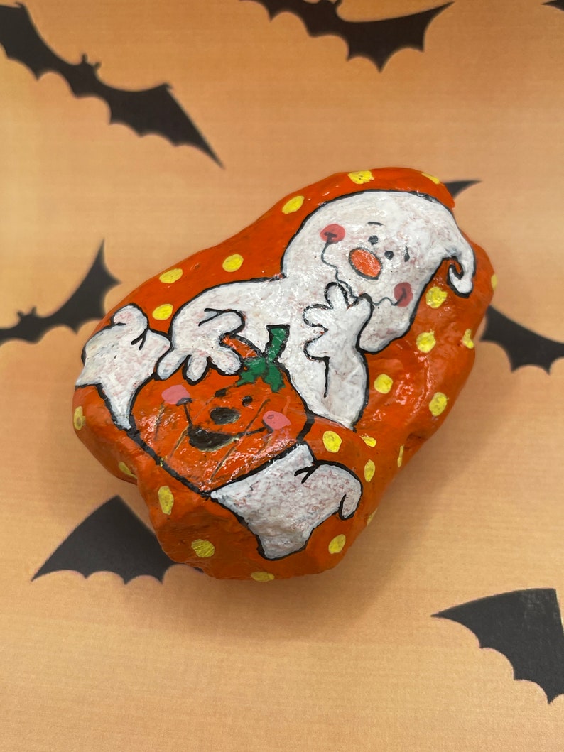 Whimsical Ghost With Pumpkin Painted Rock, Hand Painted Halloween Rock ...