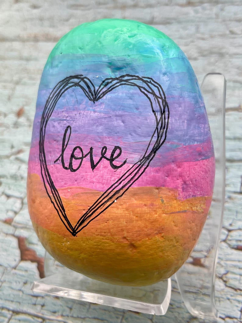 Rainbow Love Stone With Unique Heart Design, Inspirational Decor ...