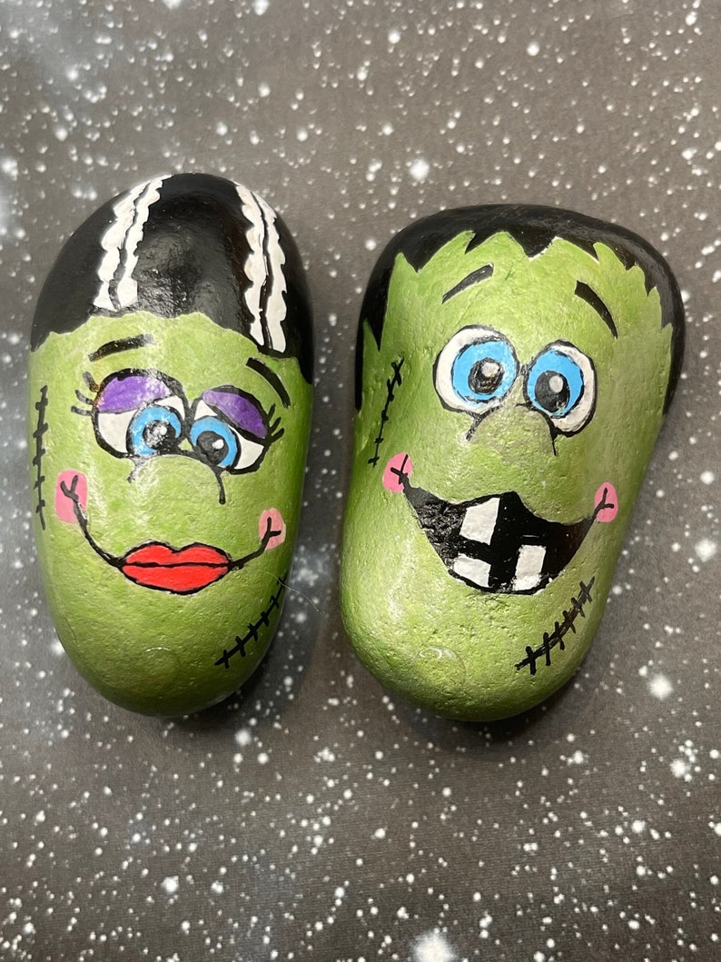 Whimsical Frankenstein and Bride Pair Hand Painted Rocks, Halloween ...