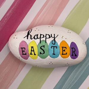 Happy Easter Rock Art on Pastel Eggs, Easter Stone Decor, Hand Painted ...