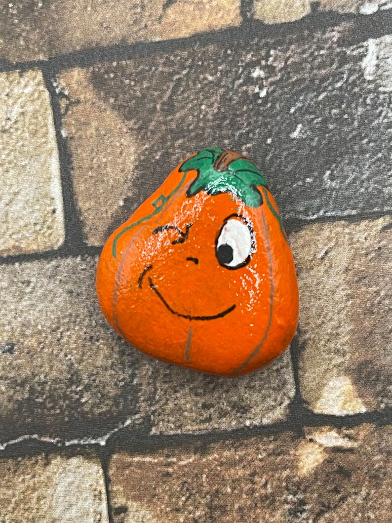 Whimsical Winking Orange Pumpkin, Hand Painted Rock, Fall Art ...