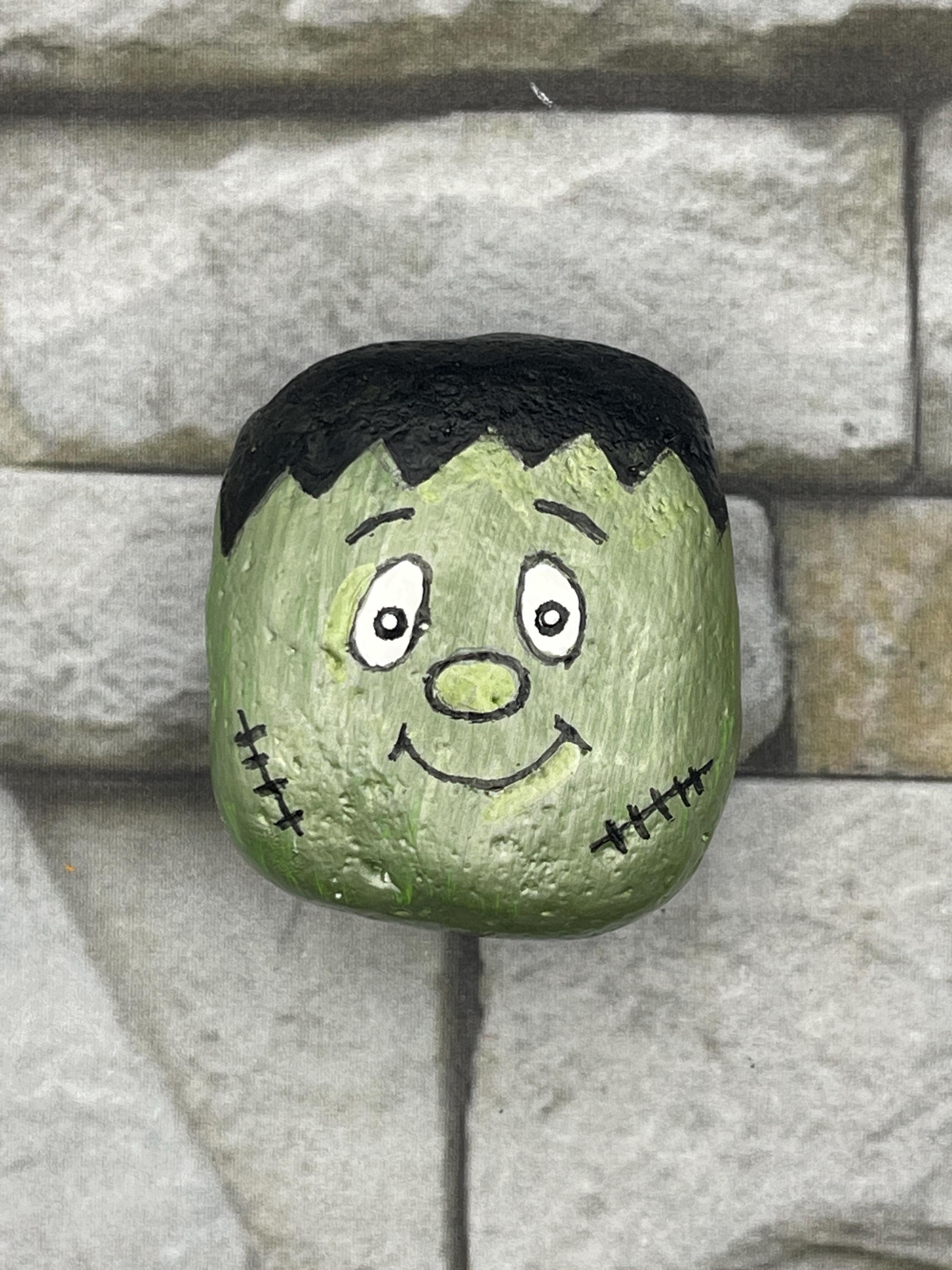 Hand Painted Rock, Happy Cartoon Face Frankenstein, Halloween Art ...