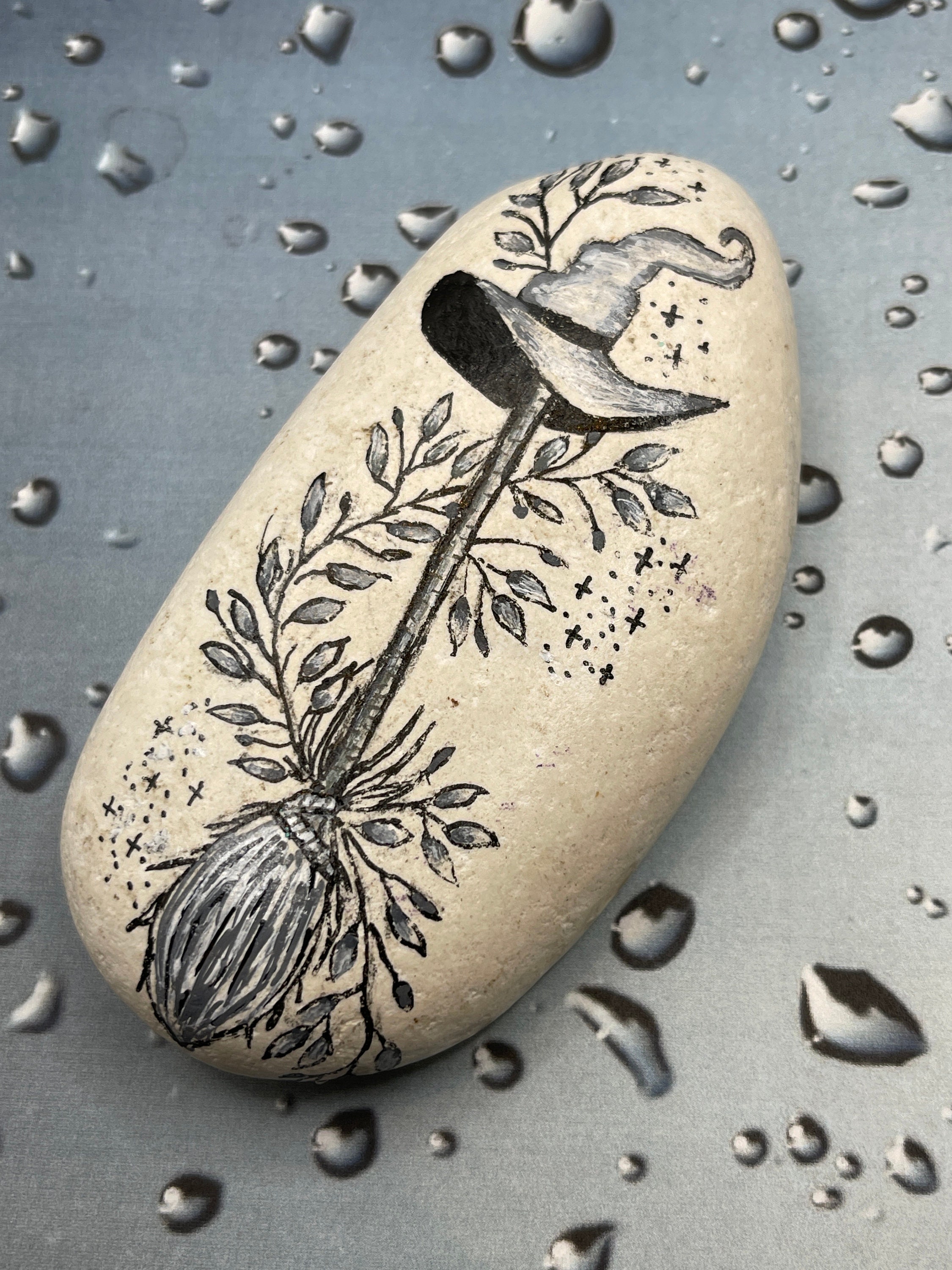 Black and Gray Witch Hat and Broom Hand Painted Rock, Spooky Fall ...