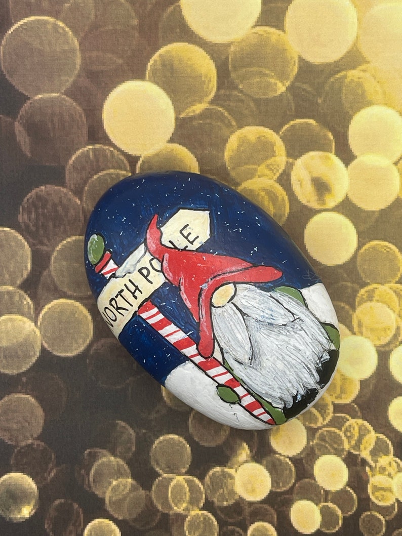 North Pole Christmas Gnome, Winter Decor, Hand Painted Rock, Stone Art ...