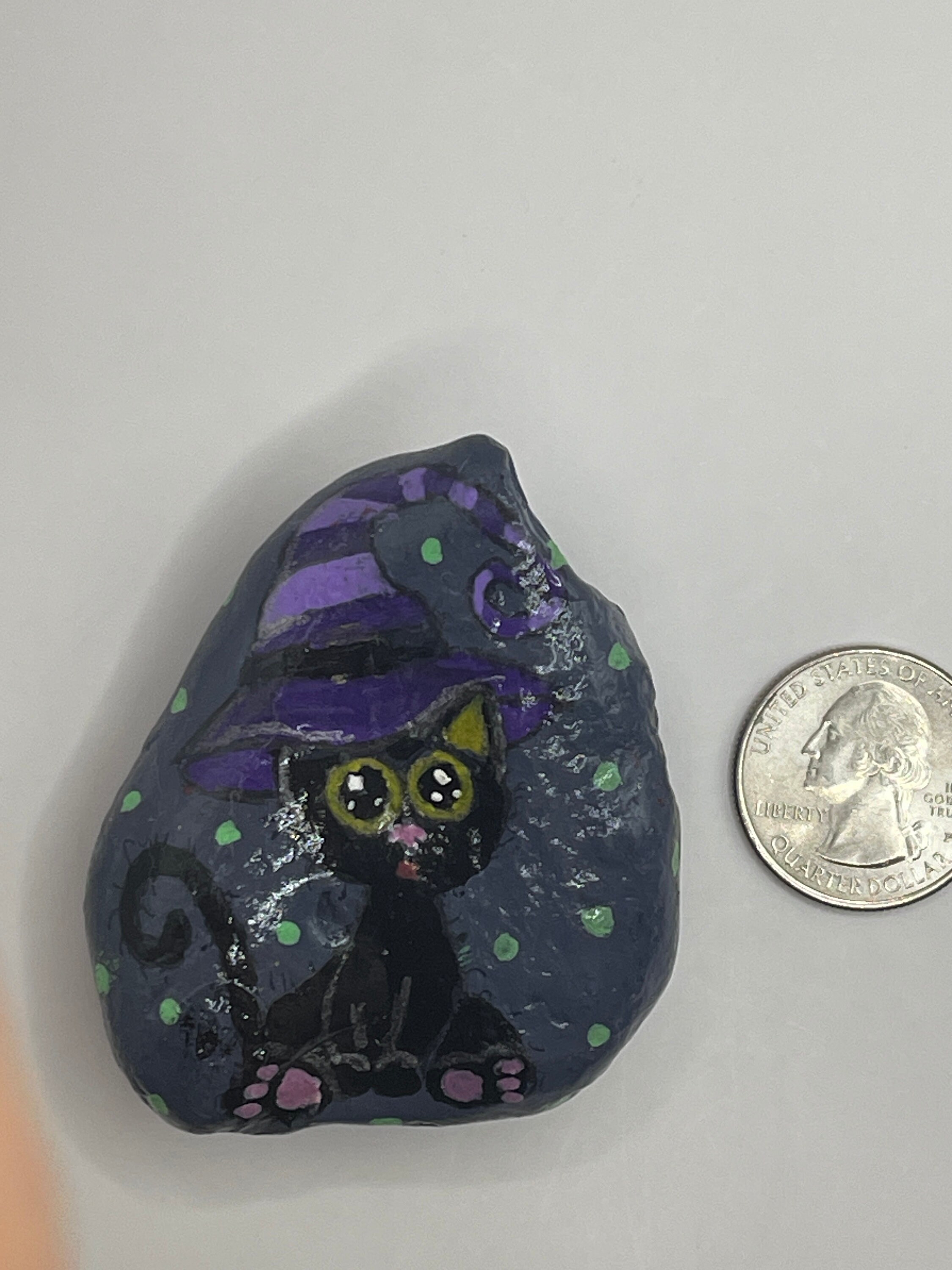 Black Cat With Witch Hat, Hand Painted Rock, Halloween Decoration ...