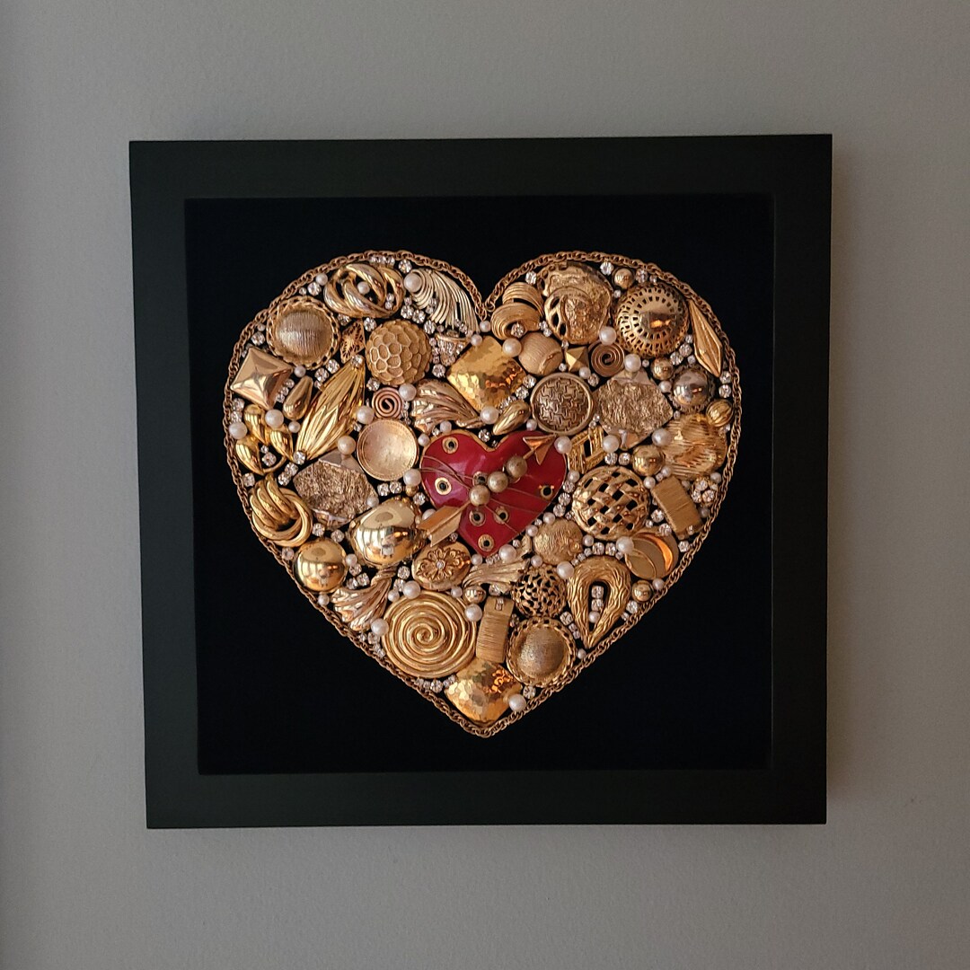 Handcrafted Framed Jewelry Art, Gold Heart. Created With Vintage and ...