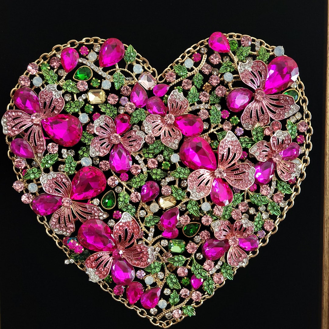Handmade Framed Jewelry Art, Jeweled Heart. Created With Vintage and ...