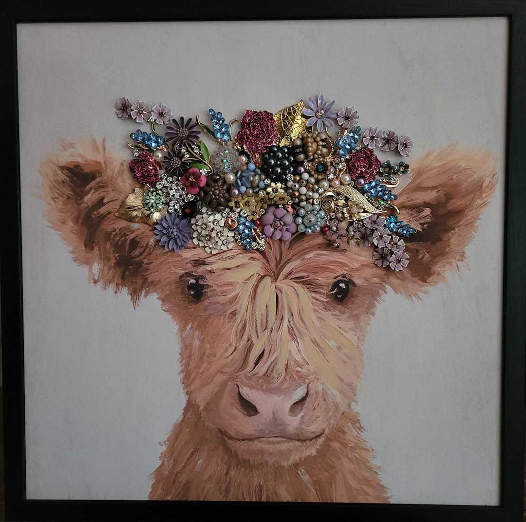Framed Baby Cow Jewelry Art: Vintage Costume Jewelry Farmhouse Wall ...