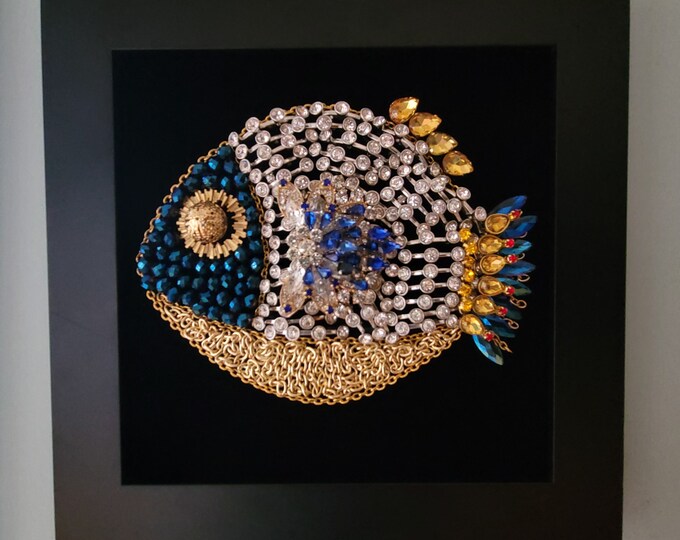 Framed Upcycled Jewelry Art, Jeweled Fish. Created With Vintage and ...