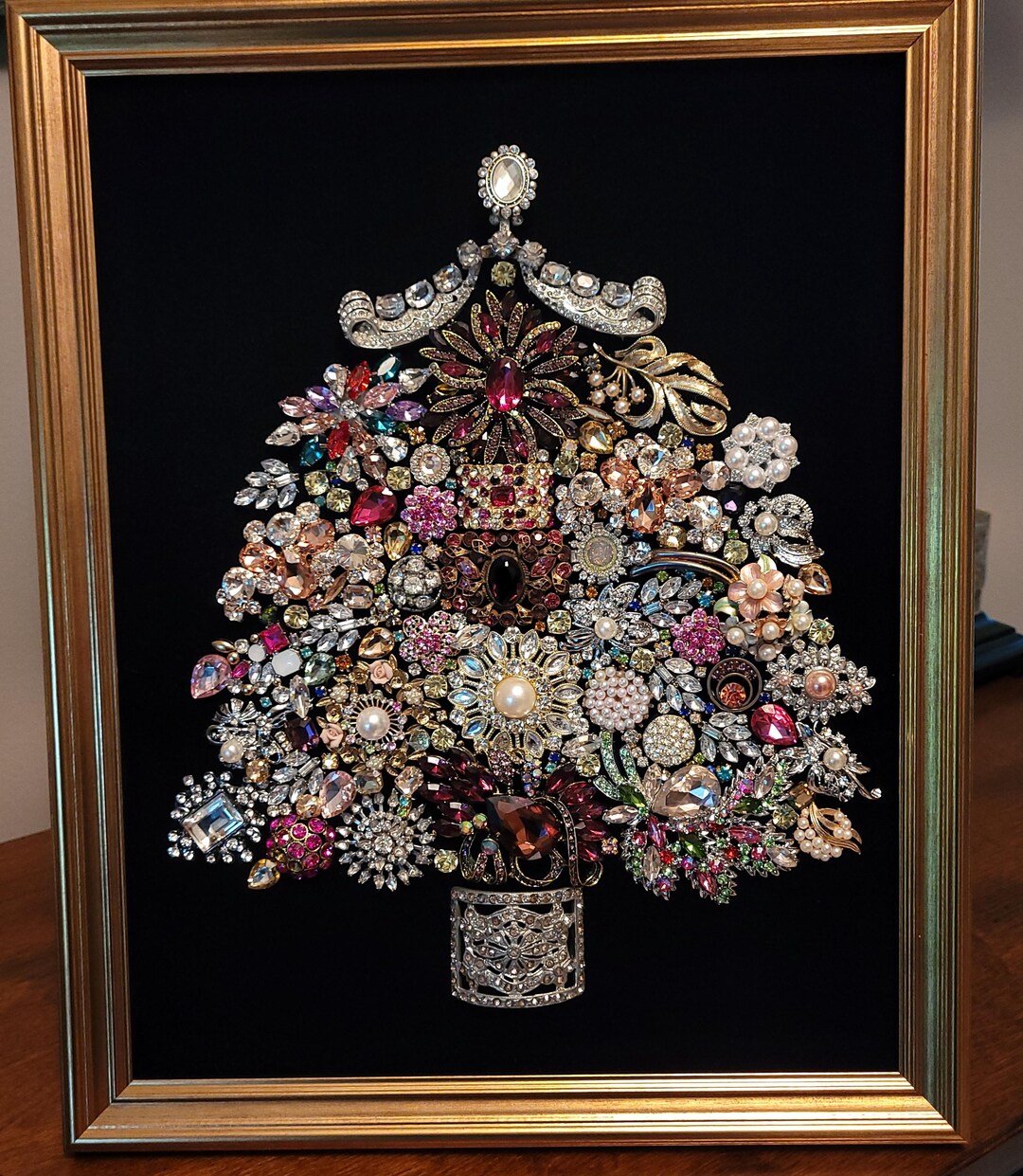 Framed Christmas Jewelry Art Picture, Handmade Decor, Jeweled Christmas ...