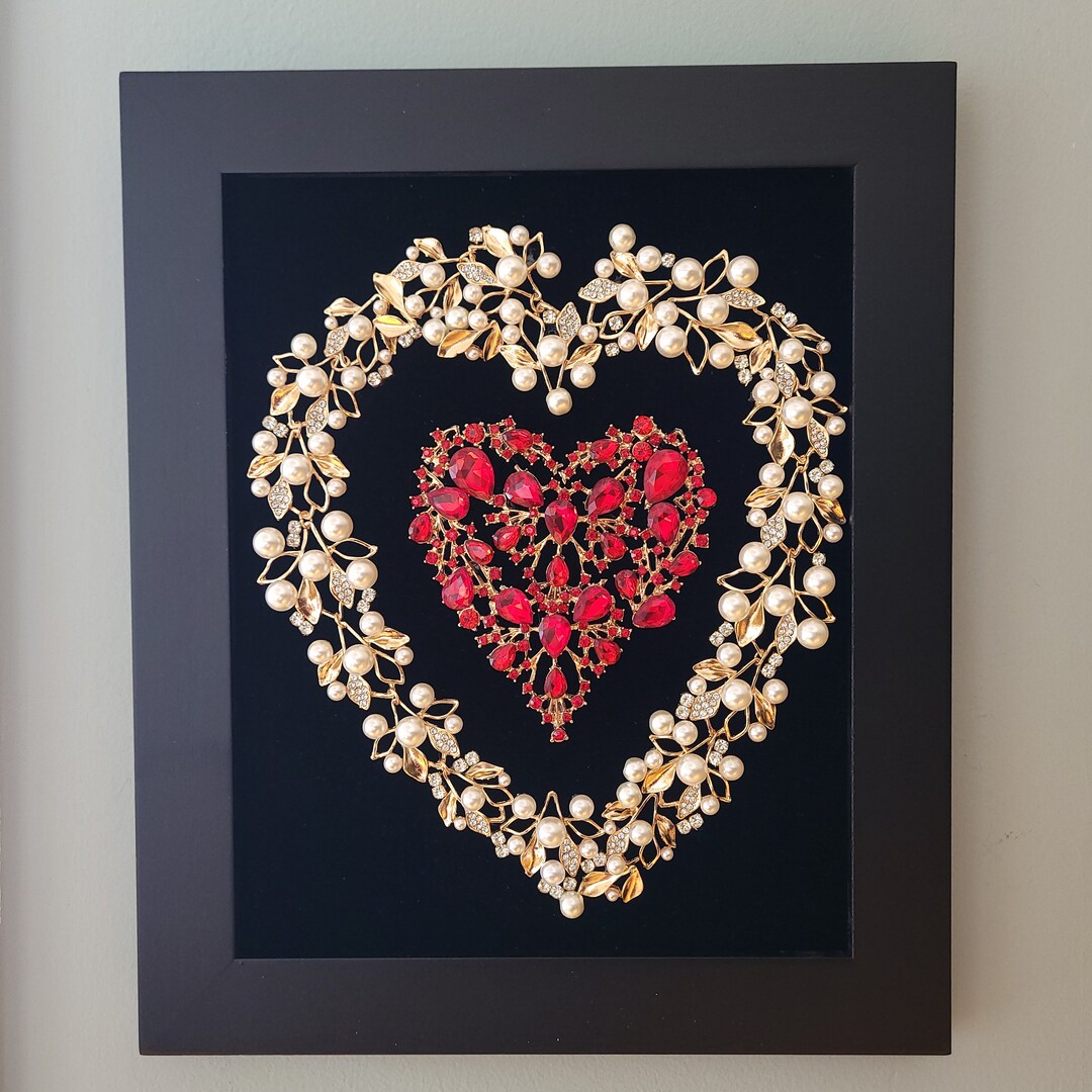 Handmade Framed Jewelry Art, Jeweled Heart. Created With Vintage and ...