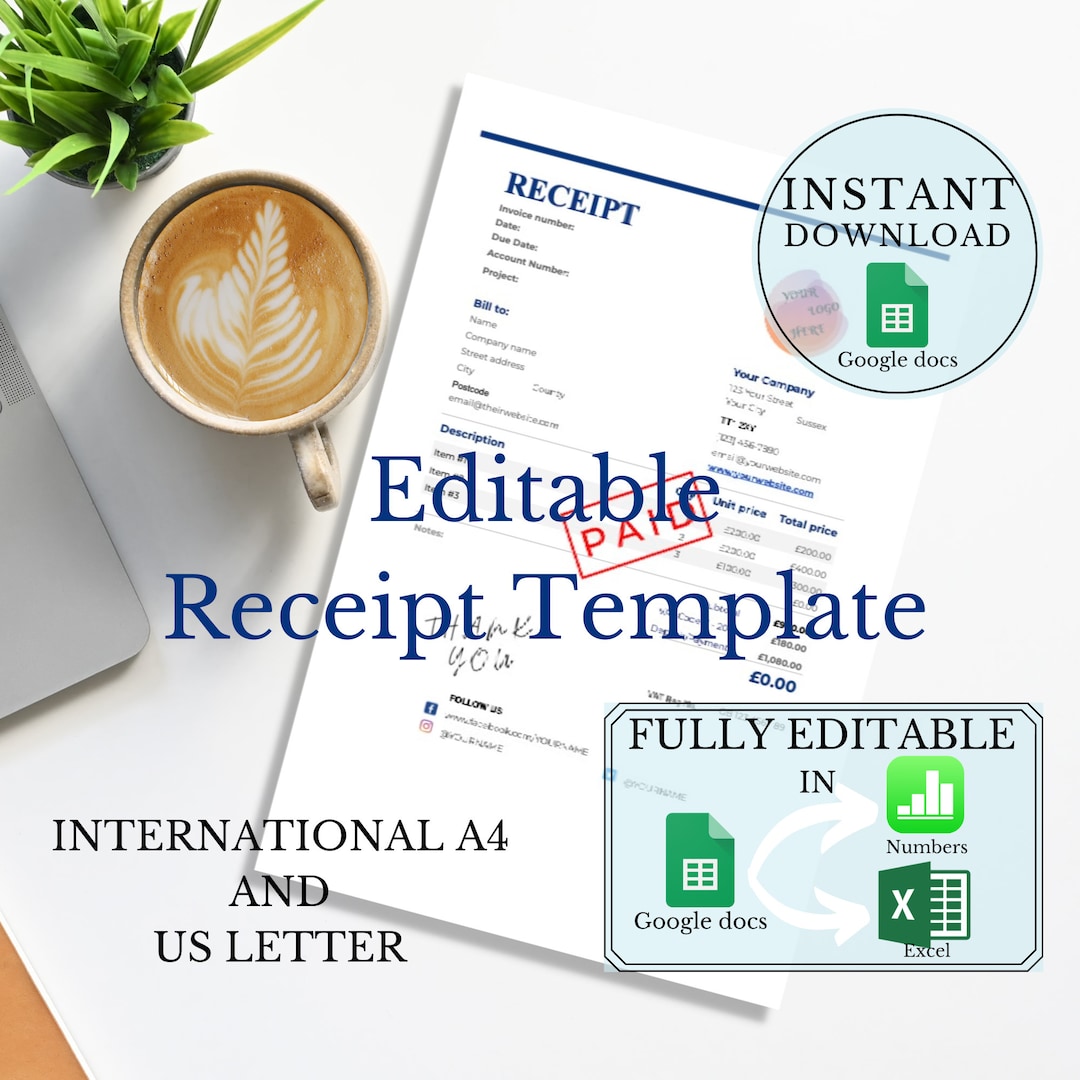 Blue Business Receipt Template in Google Docs Editable Printable and ...