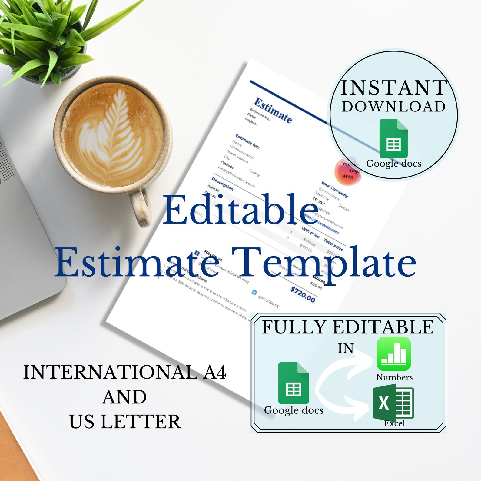 Blue Business Estimate Template in Google Docs Editable Printable and Digital Invoices in A4 and ...