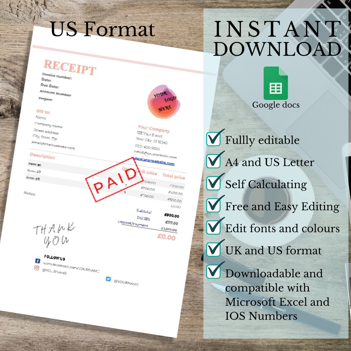 Pink Business Receipt Template in Google Docs Editable - Etsy