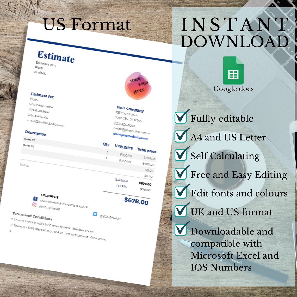 Blue Business Estimate Template in Google Docs Editable Printable and ...
