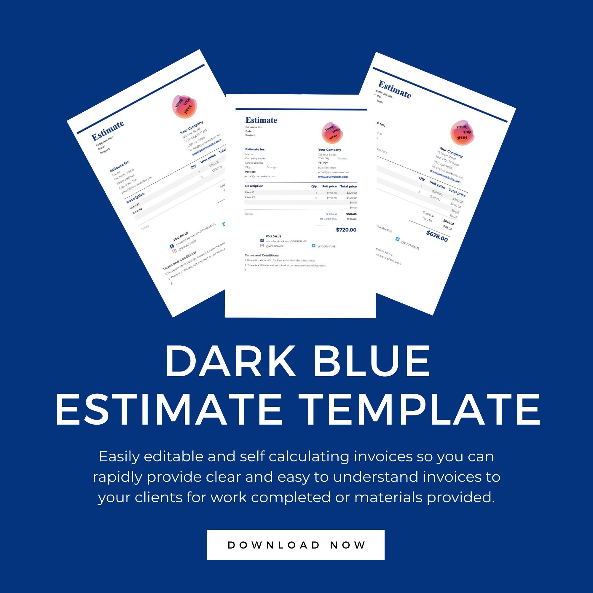Blue Business Estimate Template in Google Docs Editable Printable and Digital Invoices in A4 and ...