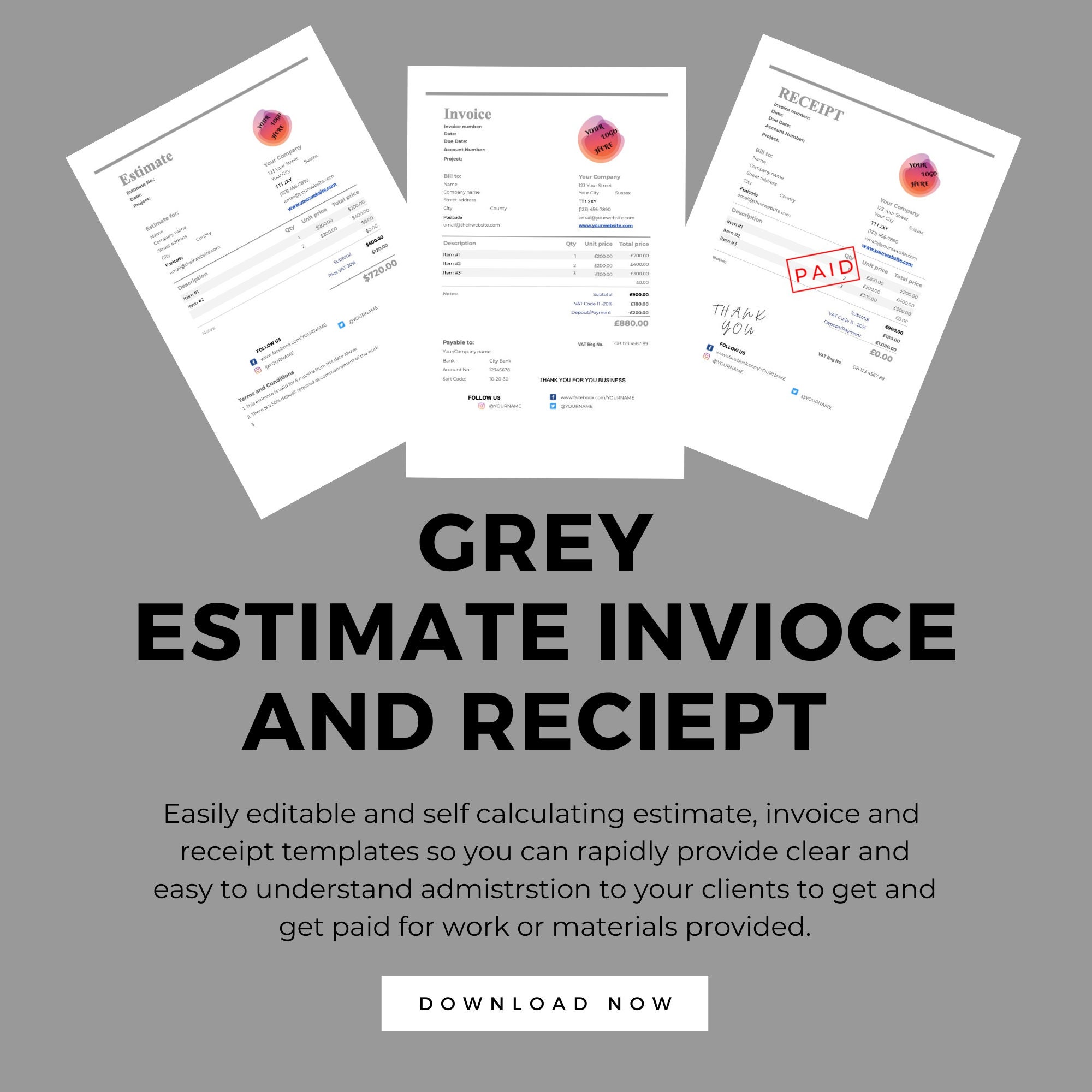 Grey Business Estimate Invoice Receipt Bundle Template Google - Etsy
