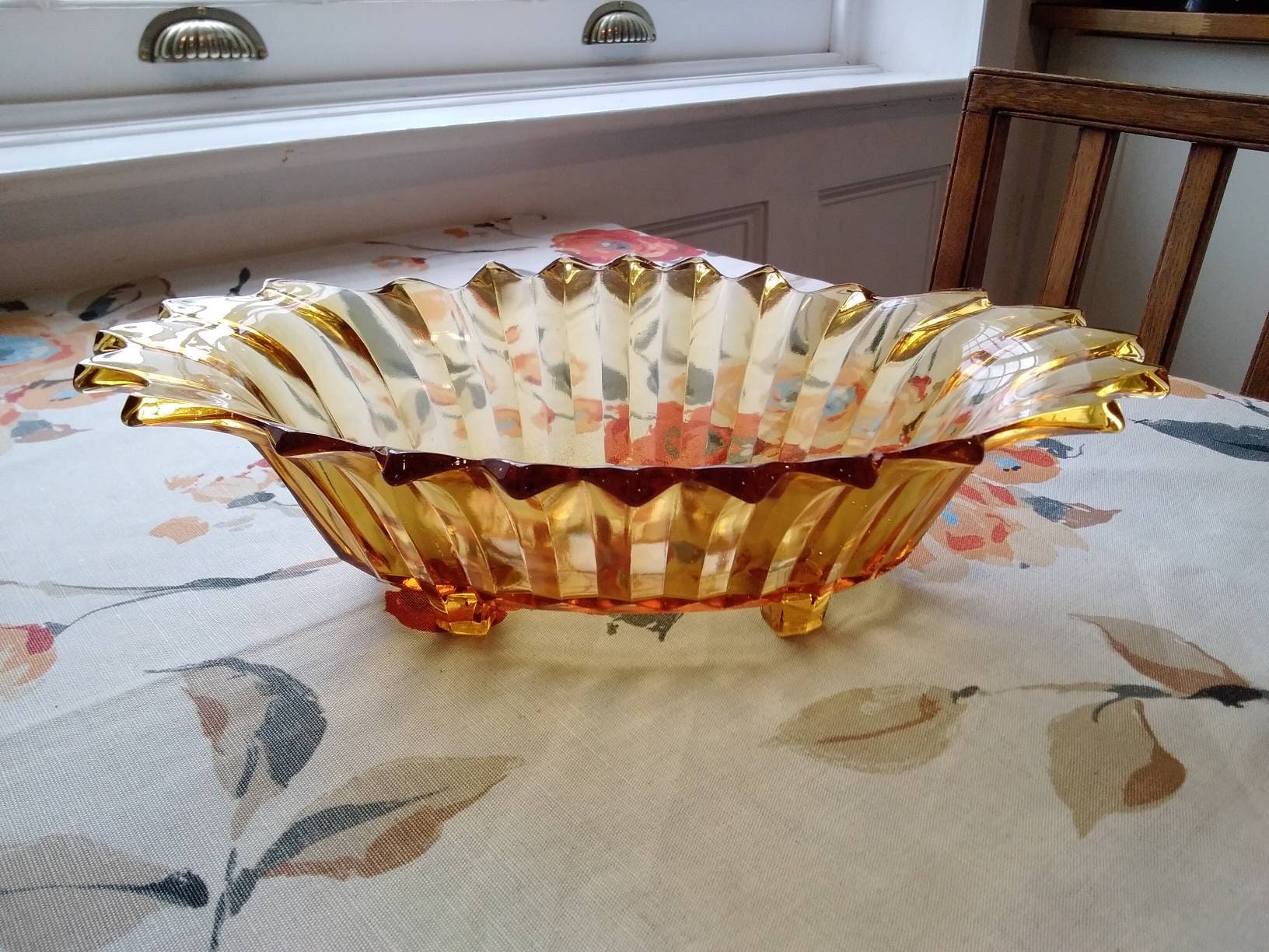 Mid-century Golden Amber Pressed Glass Fruit Bowl / Dish on Raised Feet ...