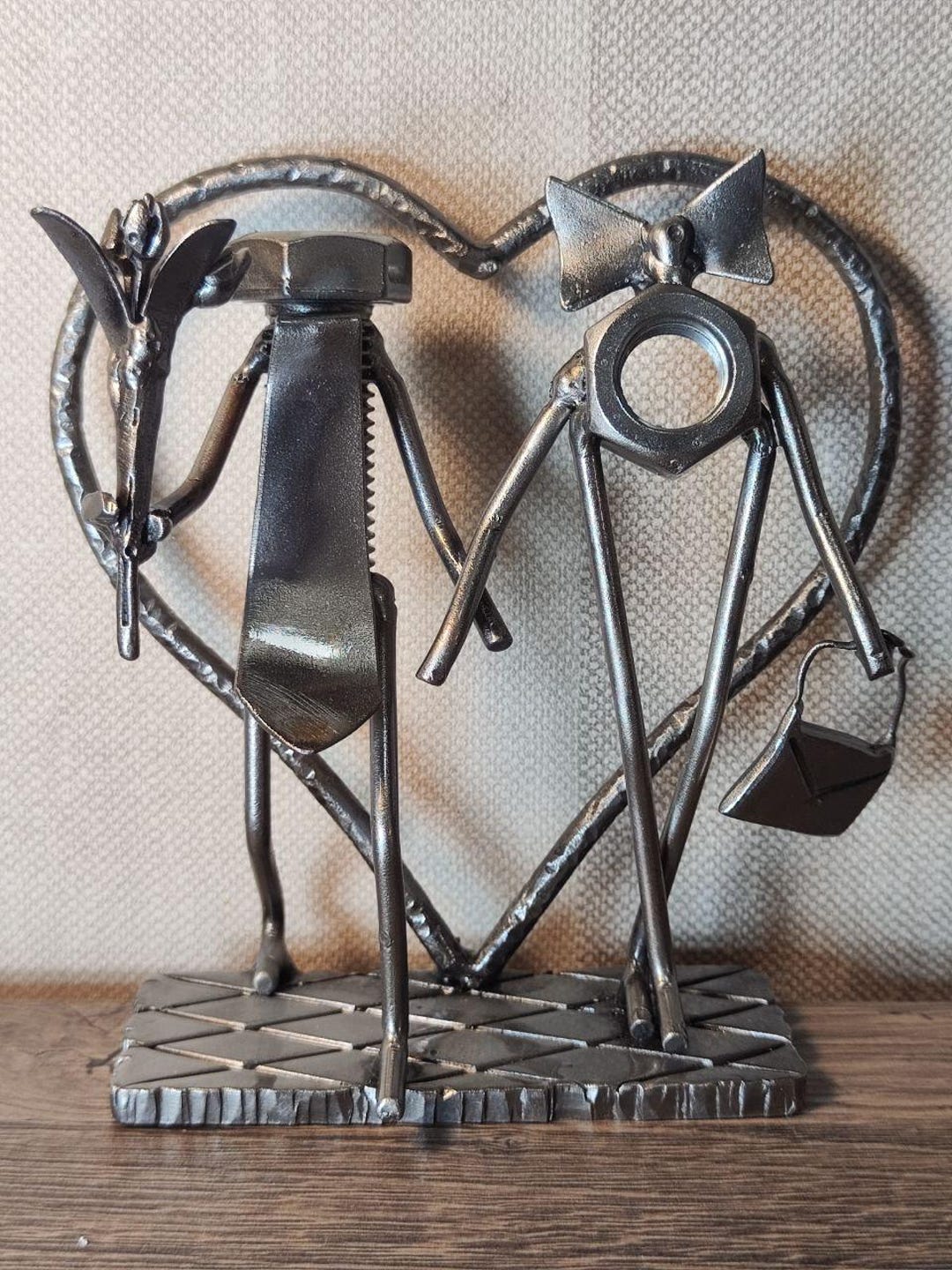 Handmade Metal Couple Sculpture With Heart – Romantic Iron Art Figurine ...