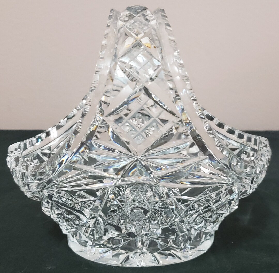 Crystal Cut Glass Decorative Basket Bowl With Handle Vintage Candy Dish ...