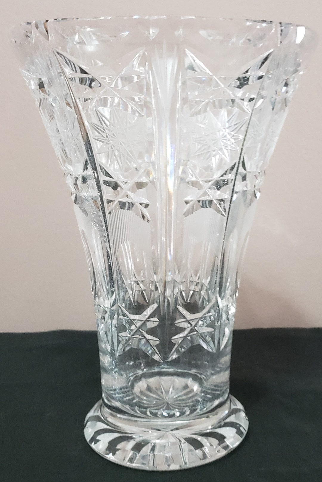 Vintage Crystal Fluted Flower Vase Decorative Starburst Pattern Etched ...