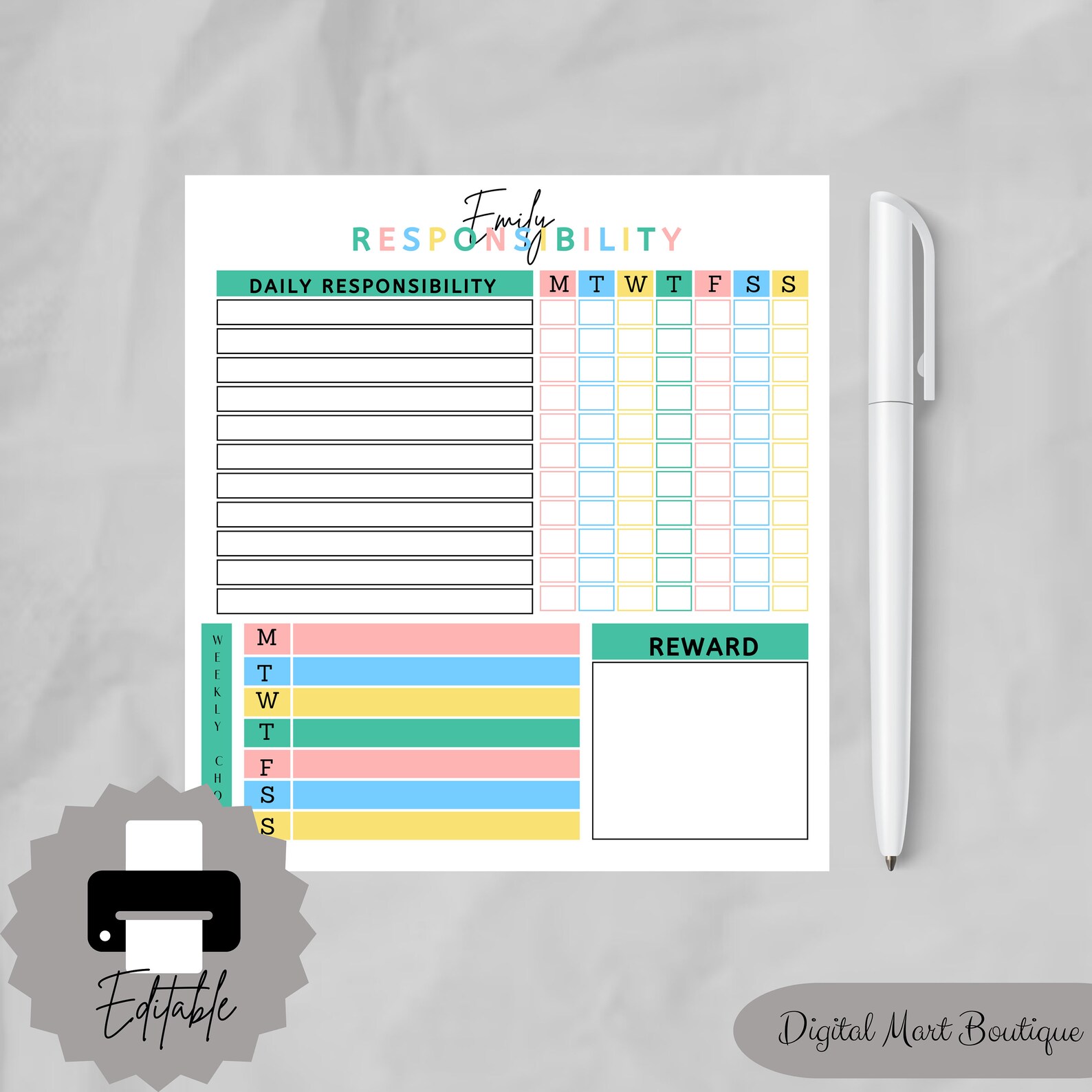 Responsibility Chore Chart for Kids Editable & Printable Daily - Etsy