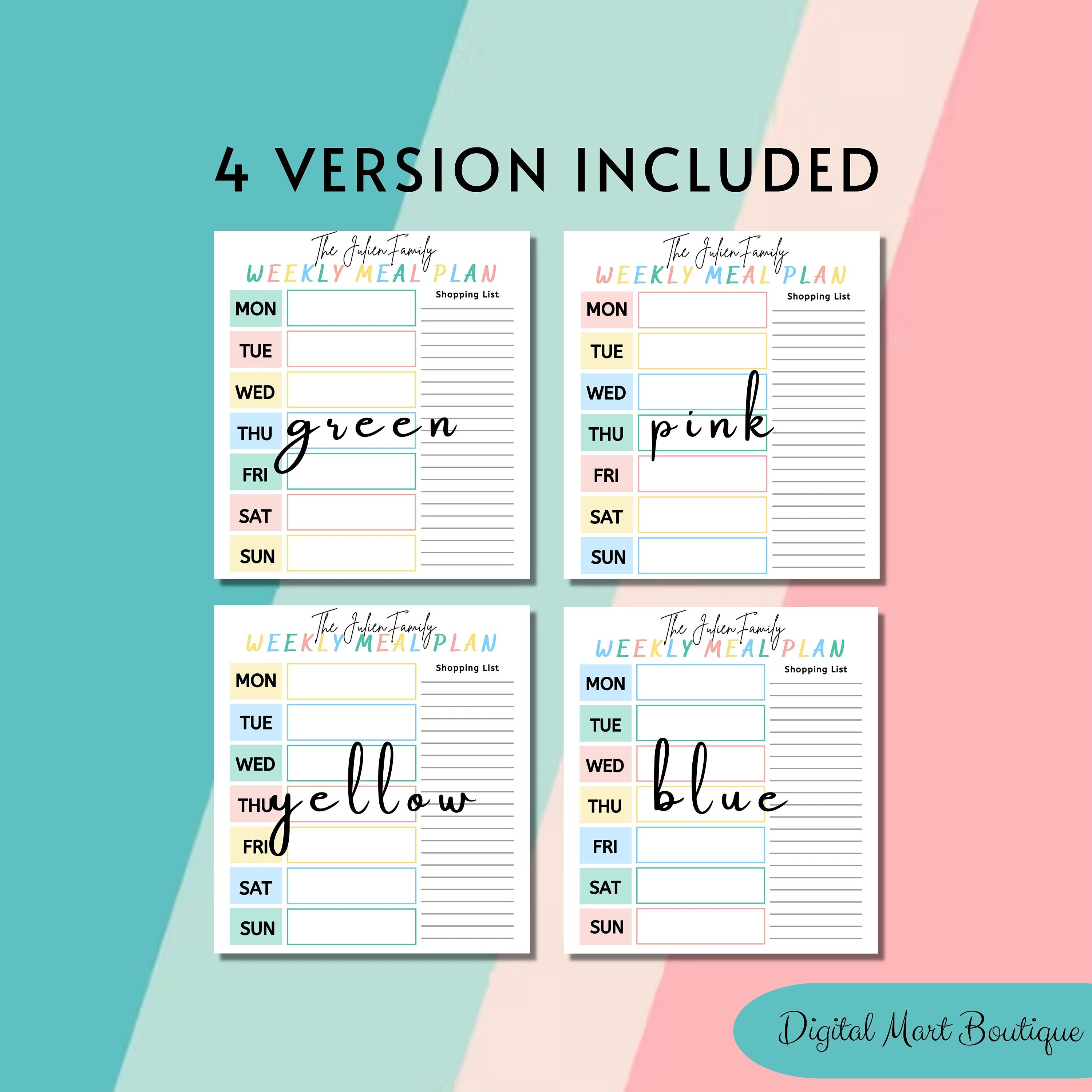 Weekly Meal Planner Family Meals With Grocery List Editable Printable ...