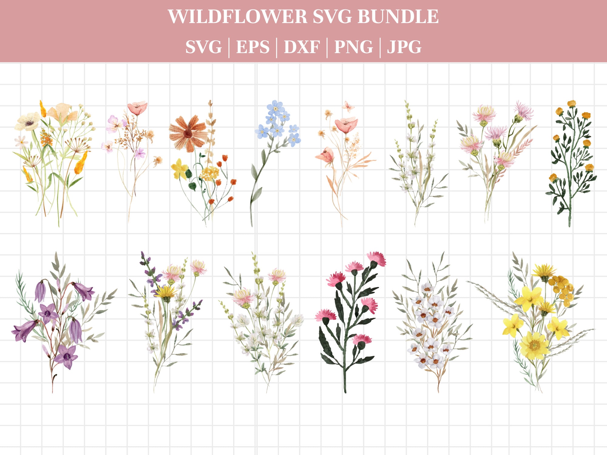 Wildflowers Svg Bundle, Wild Flower Svg, Bouquet Svg, Split Monogram ...
