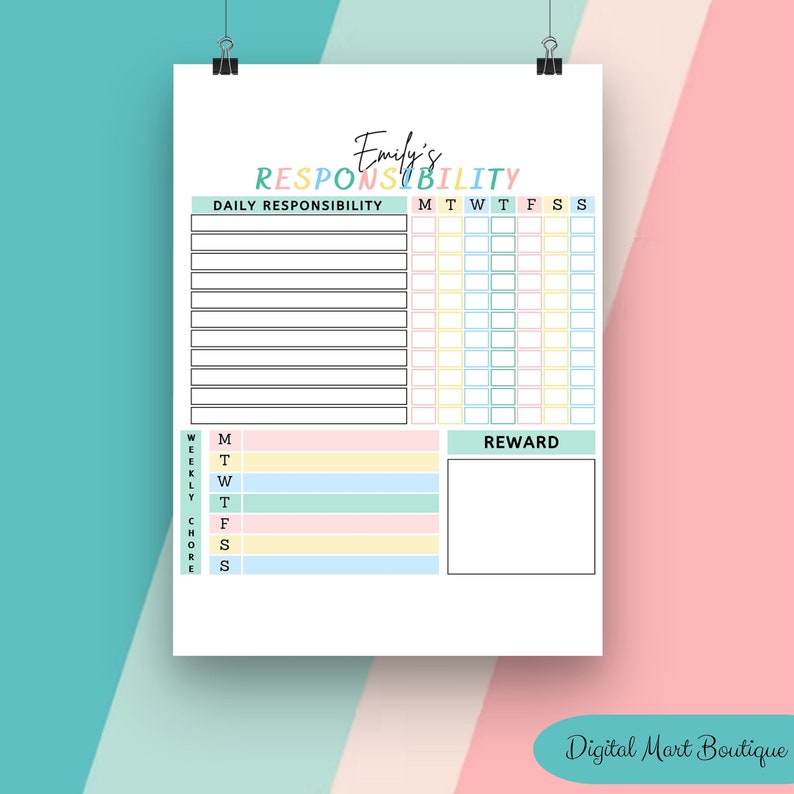 Responsibility Chore Chart for Kids Editable & Printable Daily Weekly ...