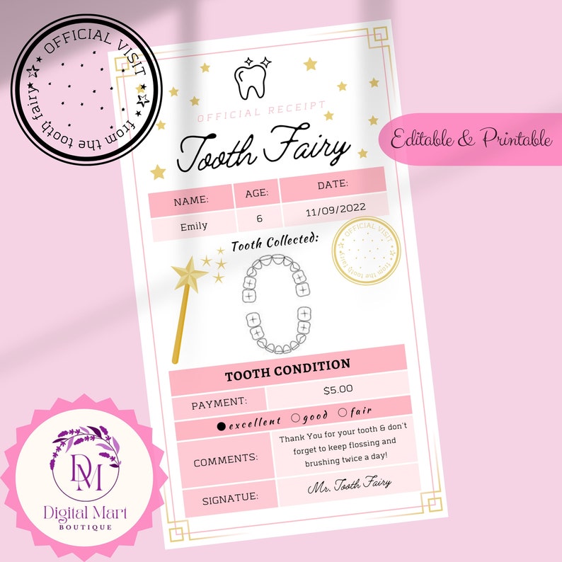 Editable Tooth Fairy Receipt Printable Certificate | First Tooth Lost ...