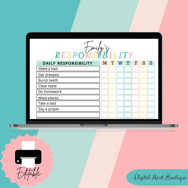 Responsibility Chore Chart for Kids Editable & Printable Daily Weekly ...