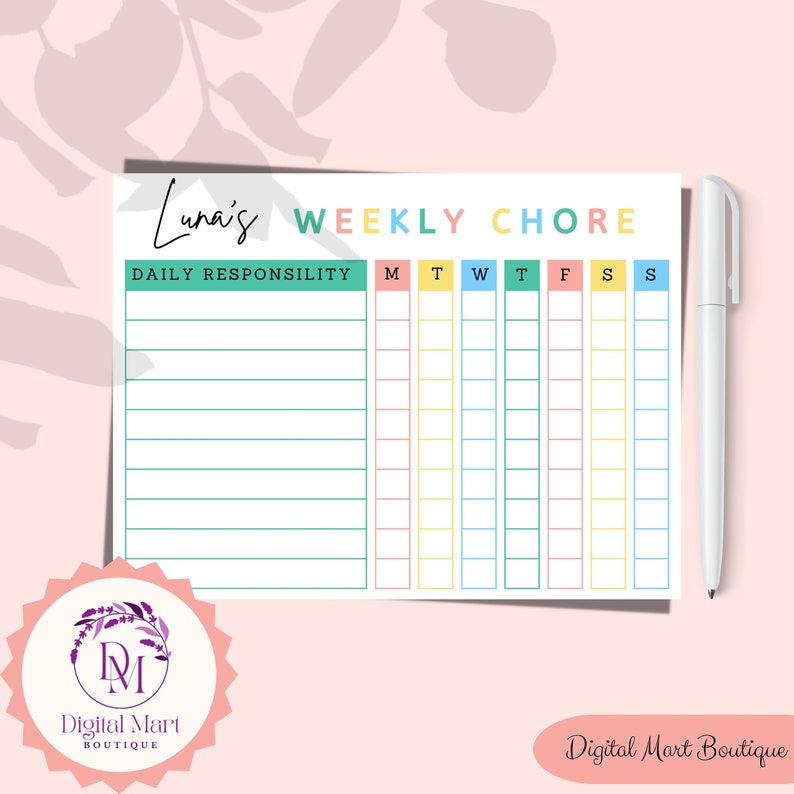 Weekly Daily Chore Chart for Kids Responsibility Chart Home School My ...