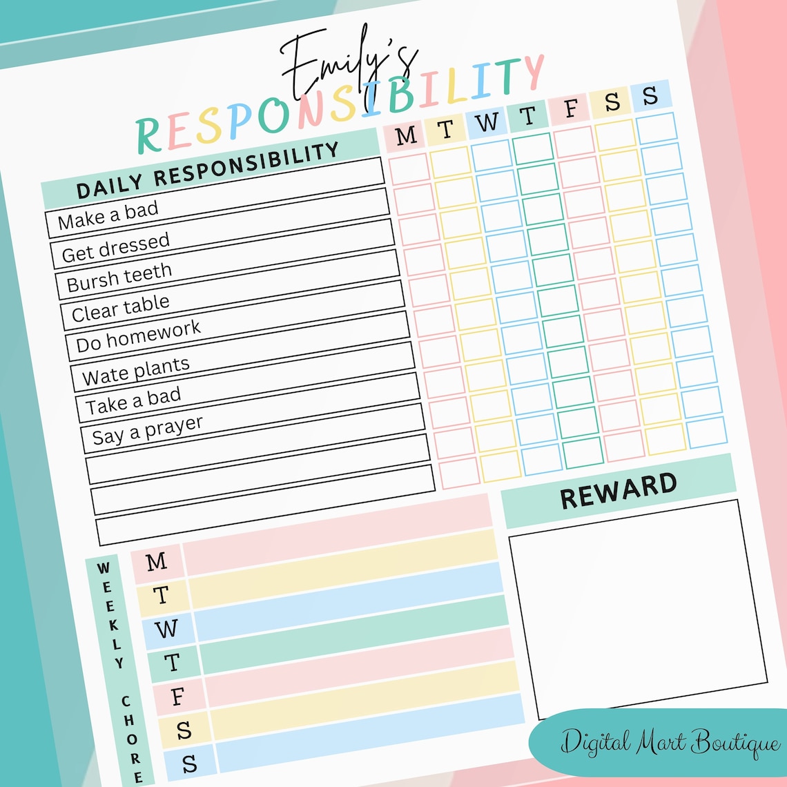 Responsibility Chore Chart for Kids Editable & Printable Daily Weekly ...