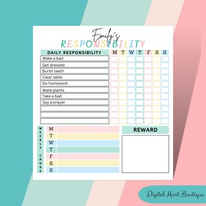 Responsibility Chore Chart for Kids Editable & Printable Daily Weekly ...