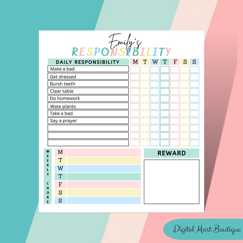 Responsibility Chore Chart for Kids Editable & Printable Daily Weekly ...