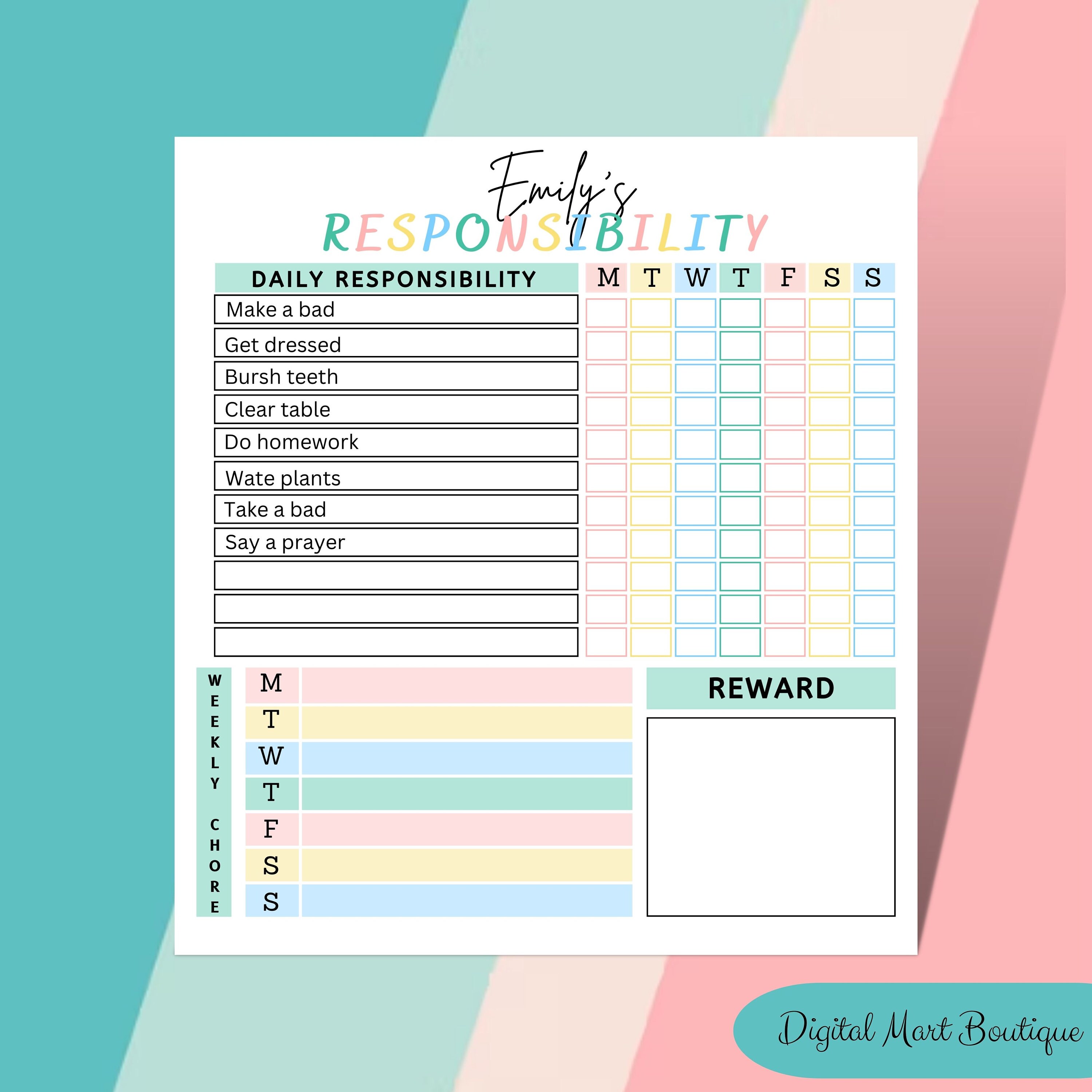 Responsibility Chore Chart for Kids Editable & Printable Daily Weekly ...