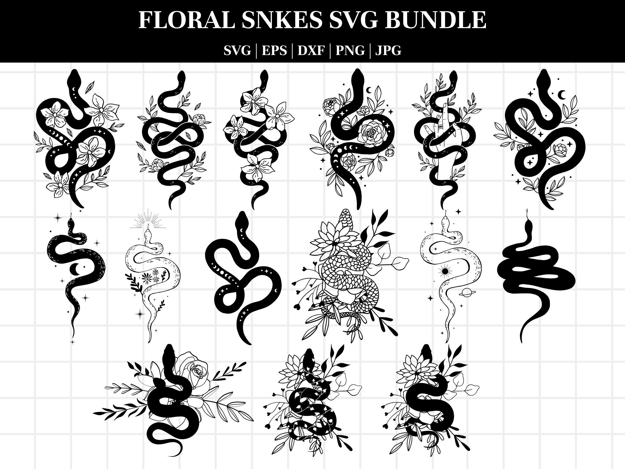 Floral Snake Svg Bundle, Celestial Snake Svg, Snake With Flowers Svg ...
