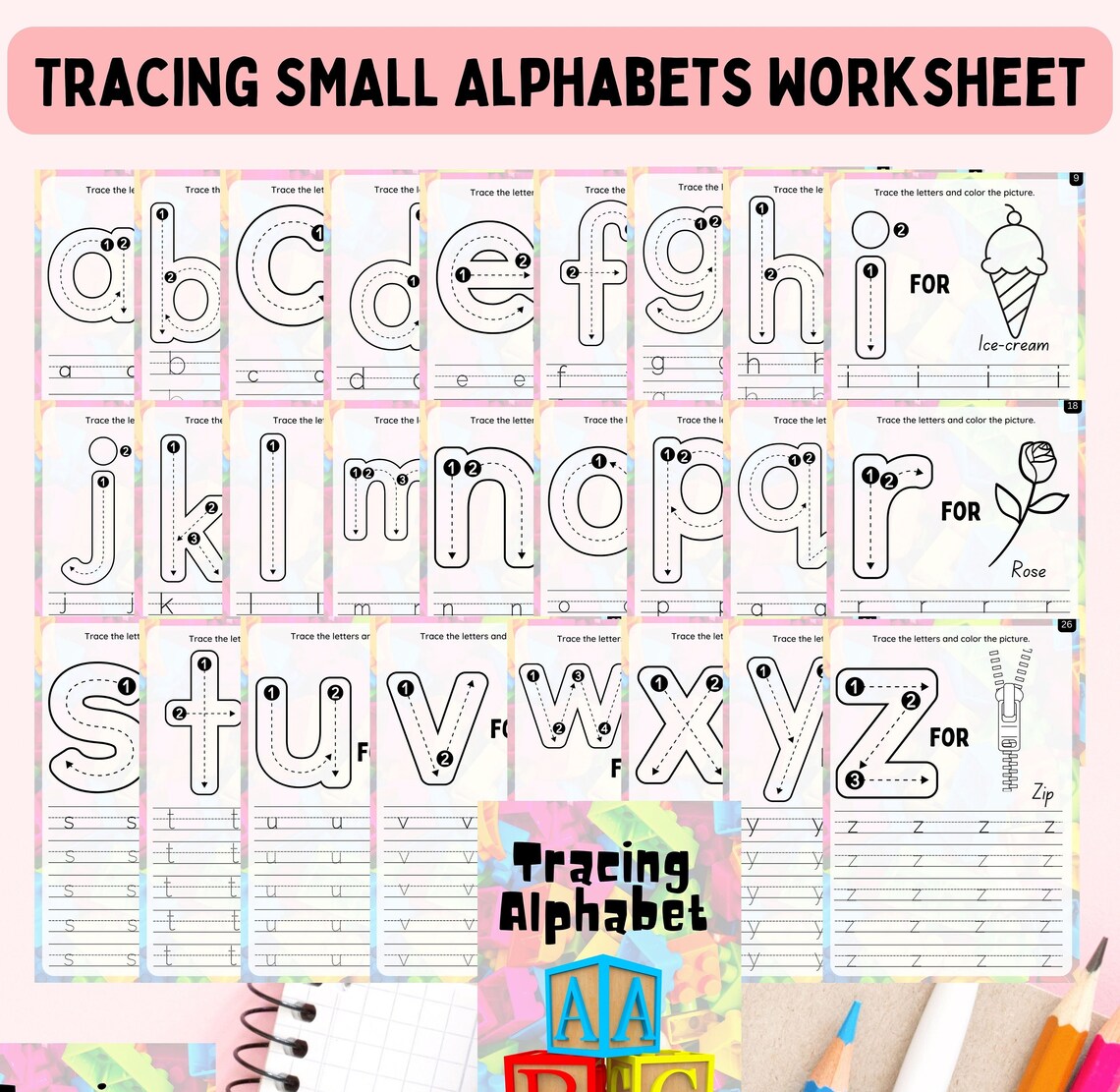 26 Alphabet Lowercase Worksheets, Preschool, Kindergarten, Learning ...